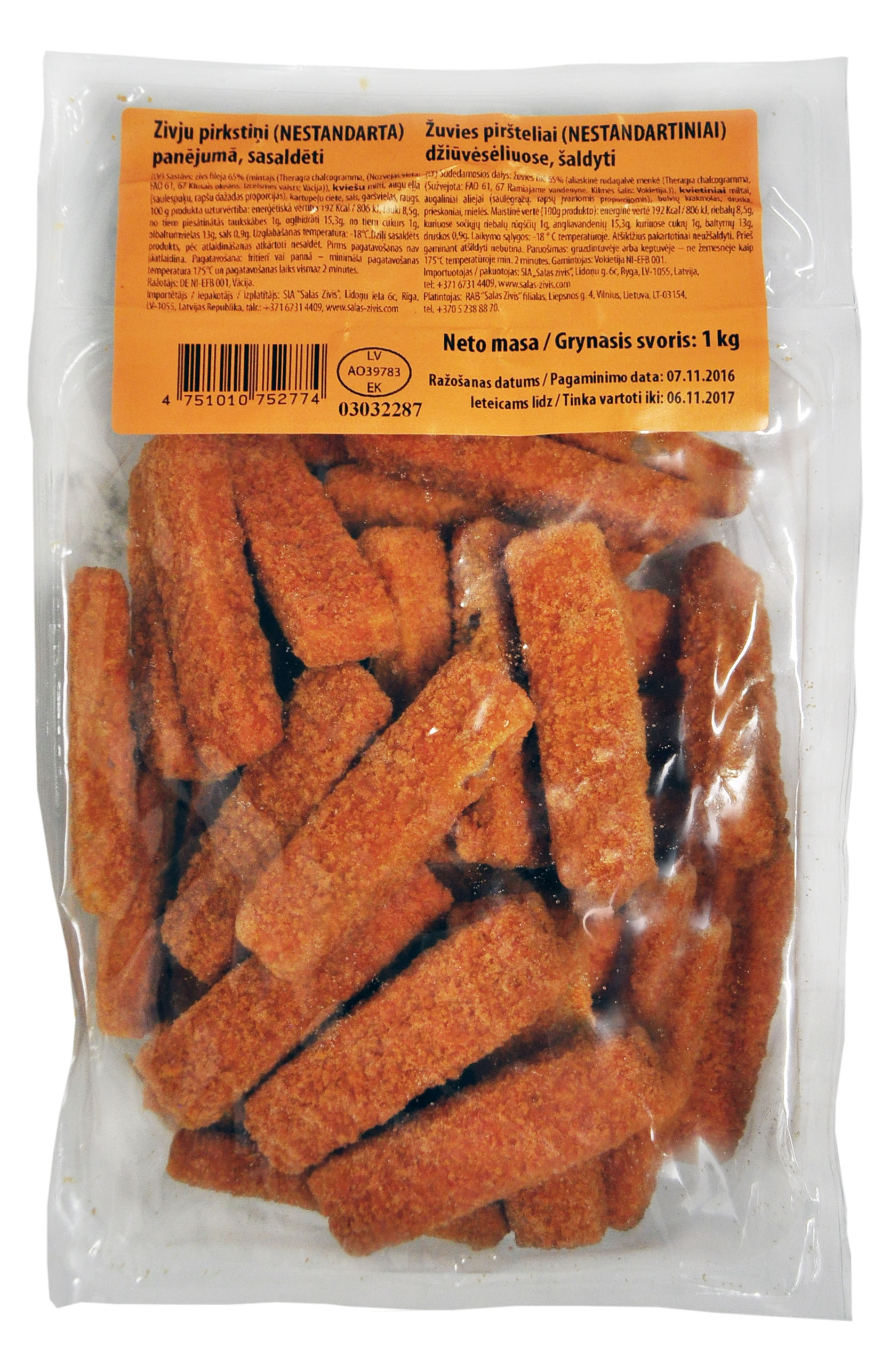 Balto zivju filejas pirkstiņi, 30 gr/gb, (65% fileja), 1kg