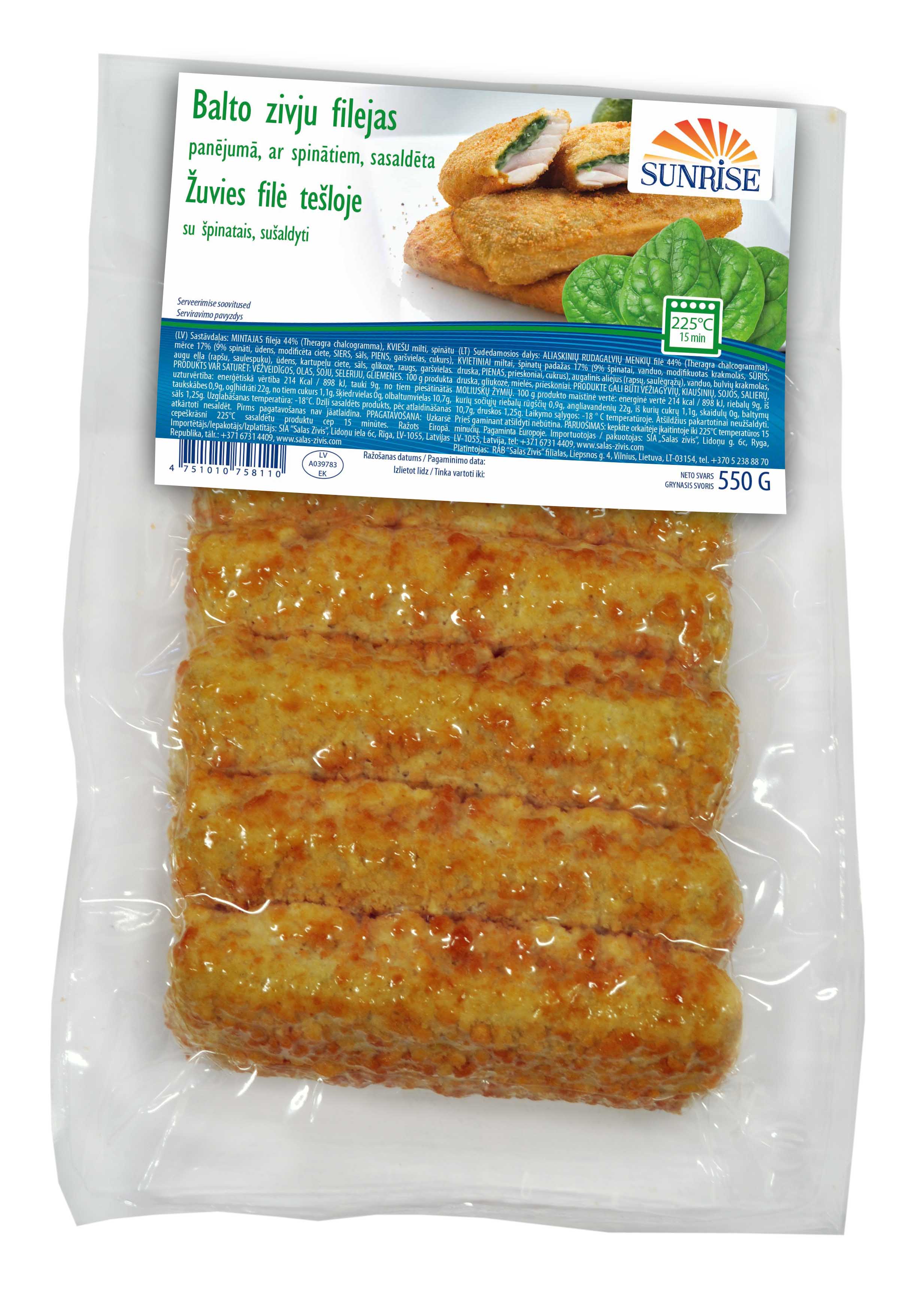 Balto zivju filejas ar spinātiem SUNRISE 110 g/gb, (44% fileja), 550g
