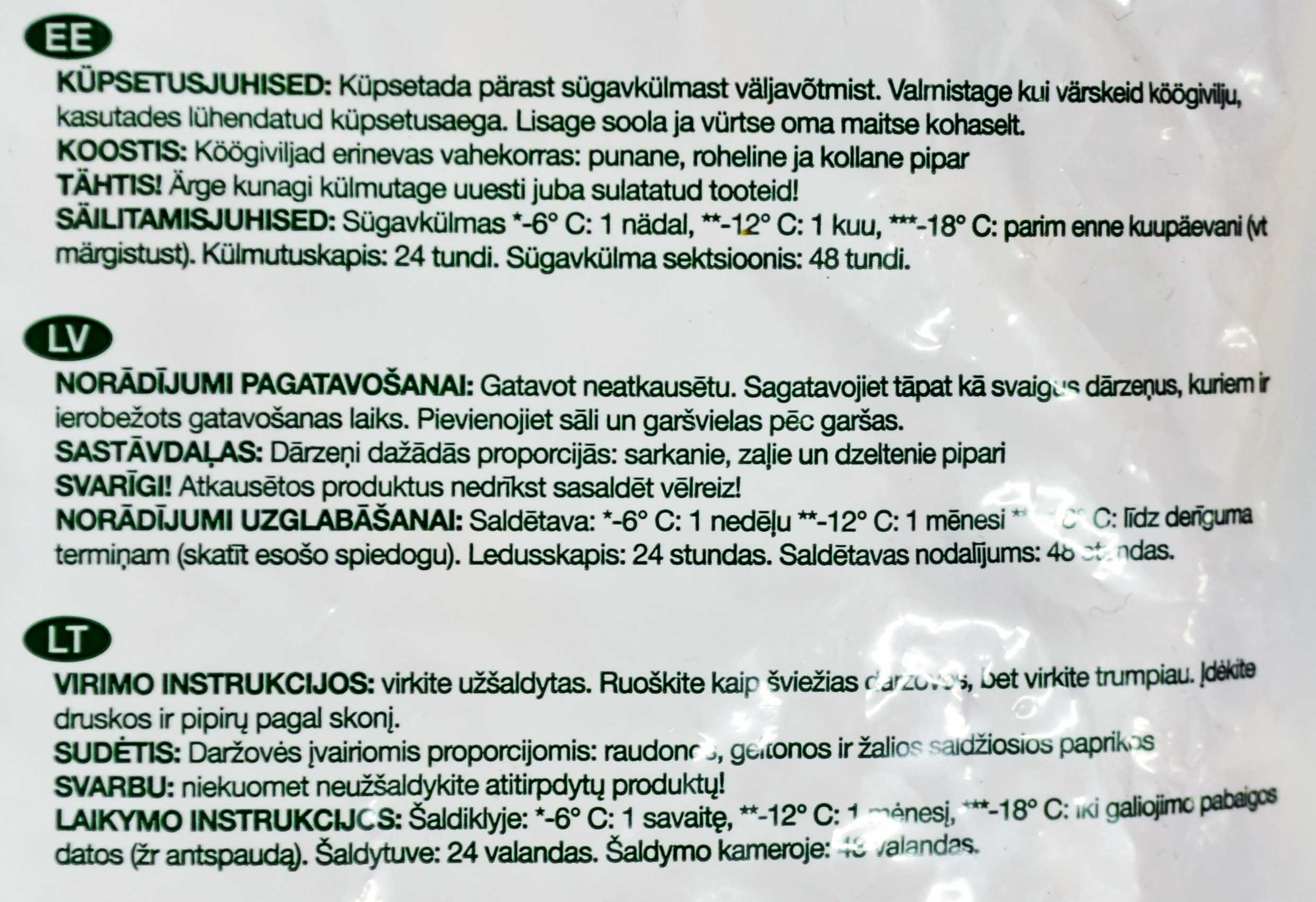 Zaļie, sarkanie, dzeltenie pipari, sagriezti (2,5 kg)
